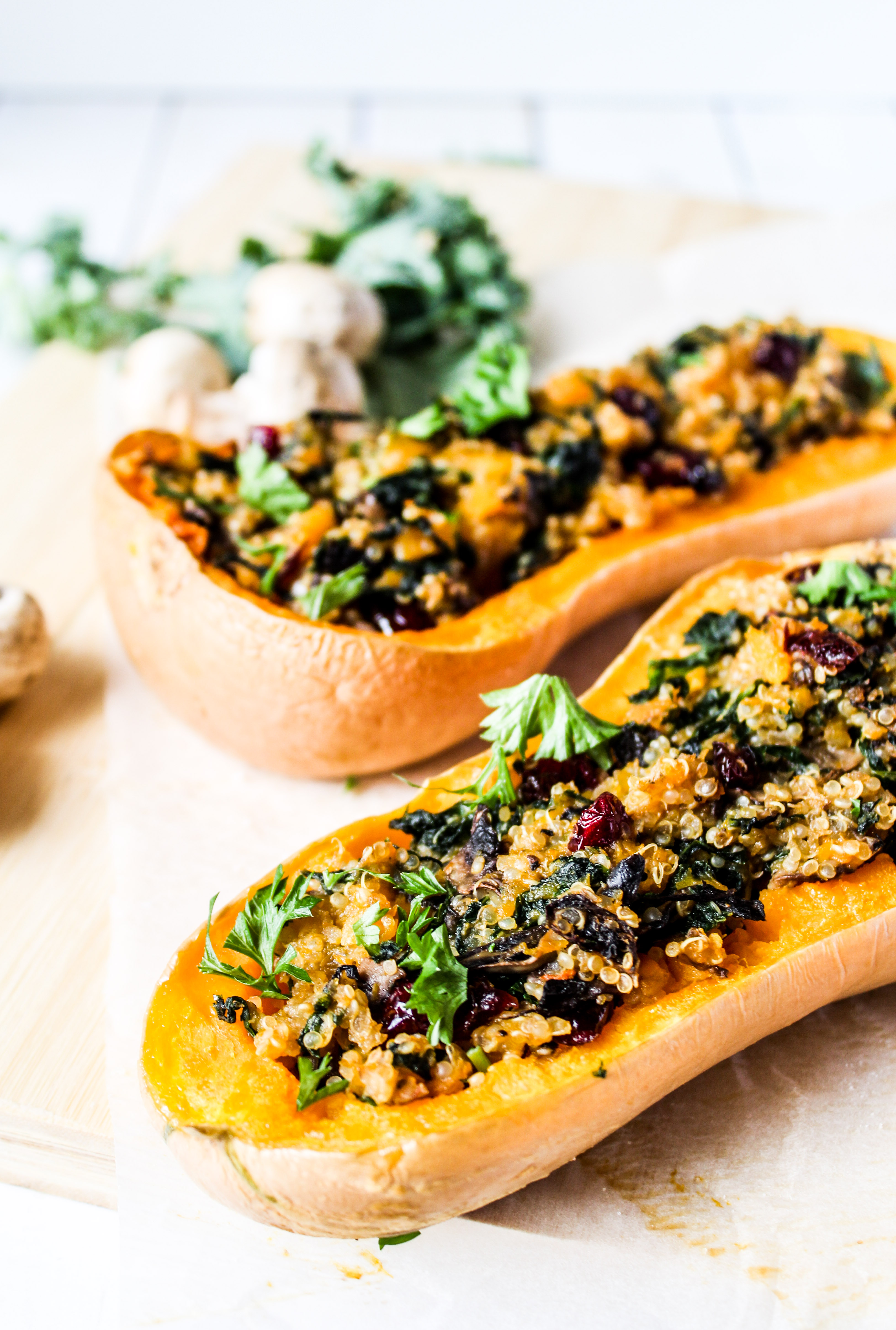 Mushroom & Kale Stuffed Squash - Off The Wheaten Path